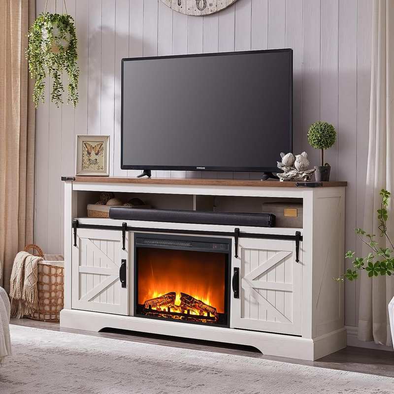 Aubriella Farmhouse Fireplace TV Stand for 65 inch TV with 23 Electric Fireplace Timer Rustic Media Console with Sliding Barn Door Storage